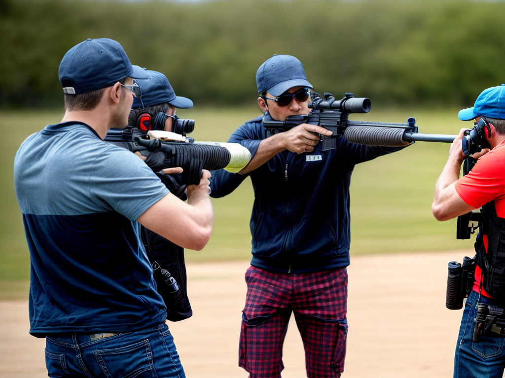 a man with a gun aiming and shooting two men with cap back face at ...