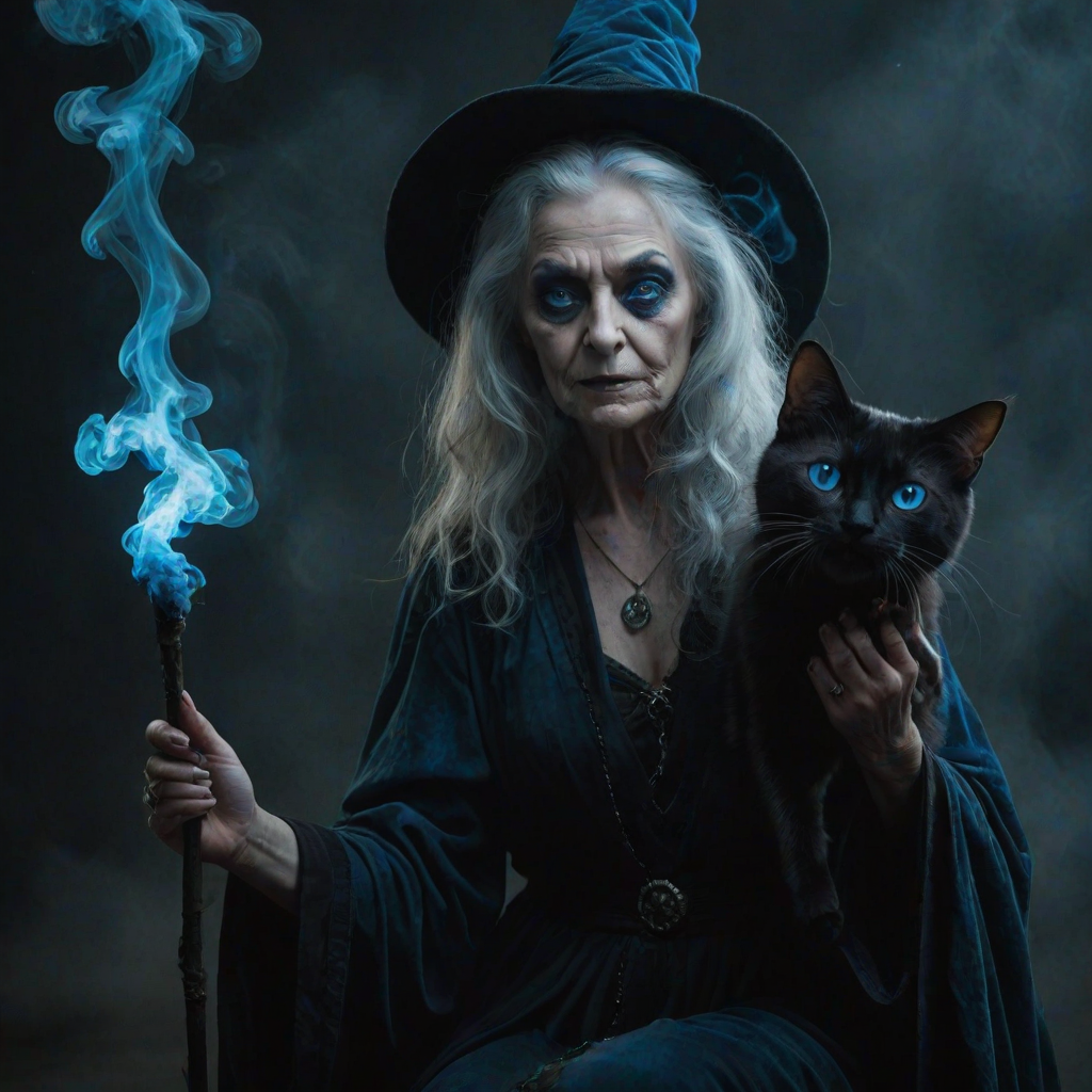 Enchanting Witch with Striking Blue Eyes and Mysterious Black Cat