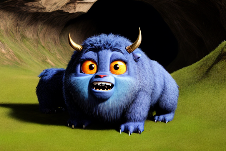 fluffy cute eyes fat monster with teeth in a cave with horns