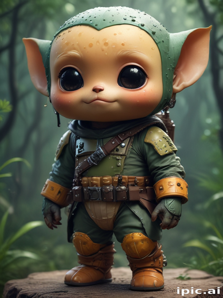 Adorable Cartoon Creature in a Forest, Dressed as a Brave Adventurer