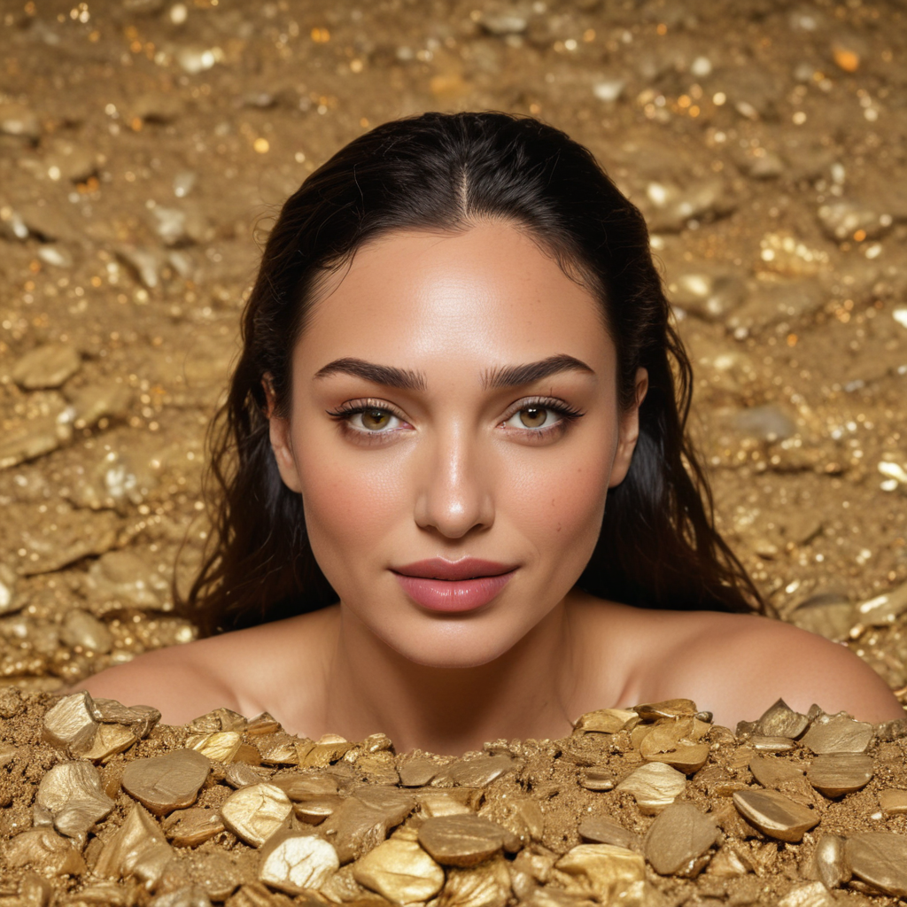 Gal gadot head burried on pile of gold