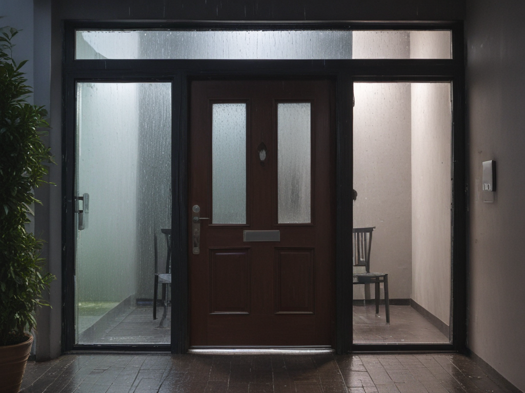 inside view of a front door open outside the door its raining and is dark