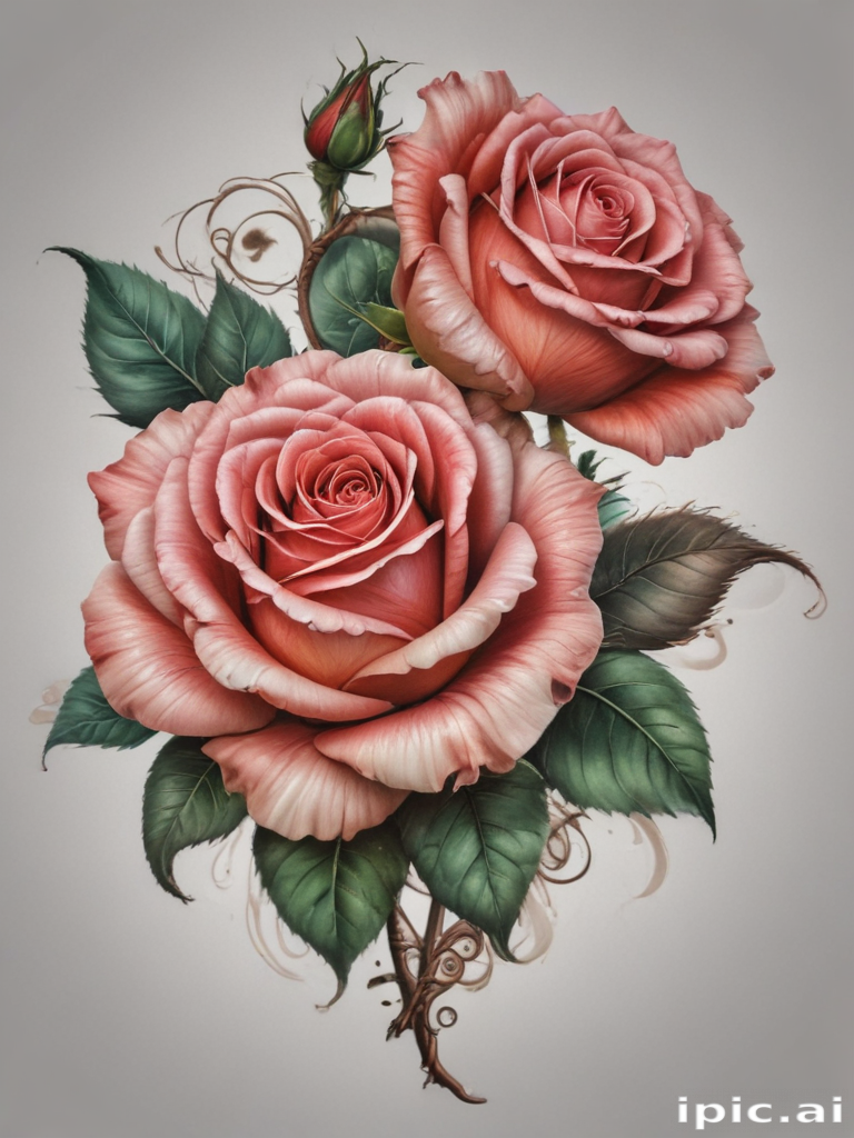 Beautifully Detailed Pink Roses with Lush Green Leaves and Elegant Swirls