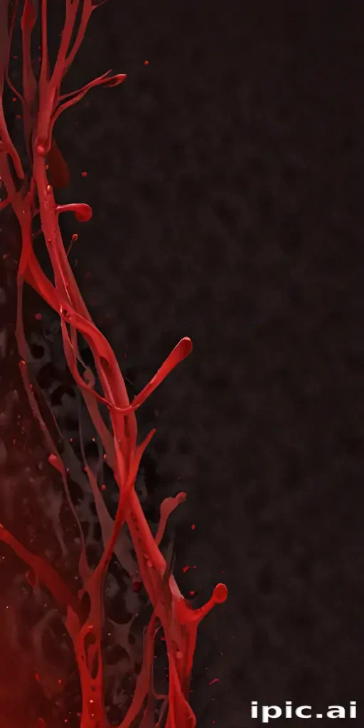 Abstract Representation of Blood Flow on a Dark Background with Splashes