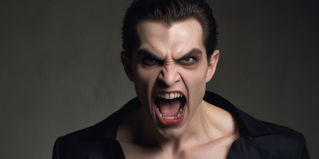 vampire baring his fangs after feeding on a human