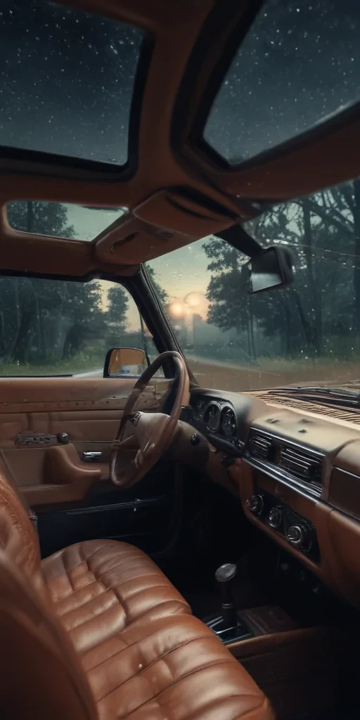 Cozy Interior of a Vintage Car on a Rainy Evening Drive