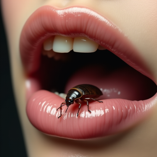 Close-Up of Glossy Lips with a Cockroach Perched on the Edge