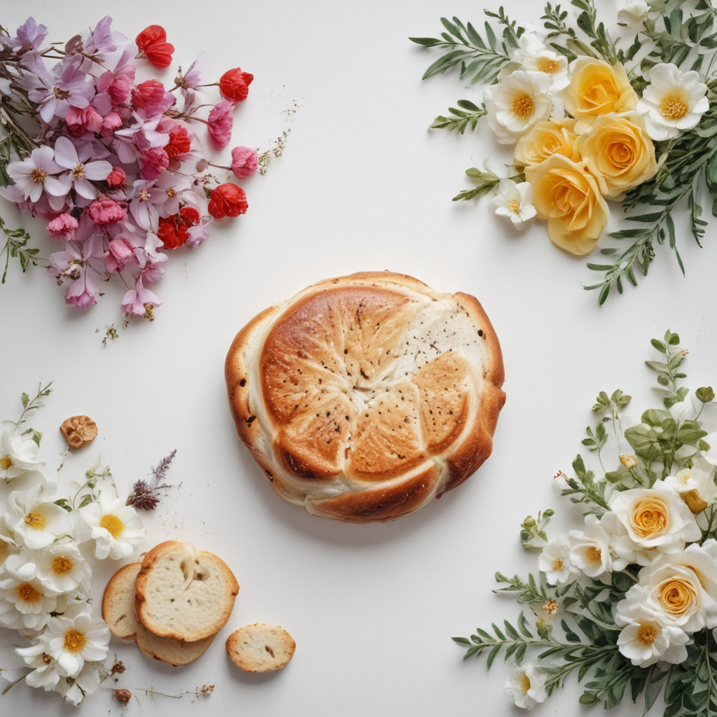 Artfully Arranged Bread Surrounded by a Colorful Floral Display