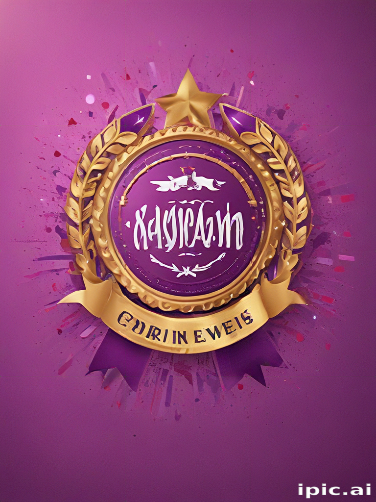 Vibrant Purple Emblem with a Decorative Golden Laurel and Star Motif