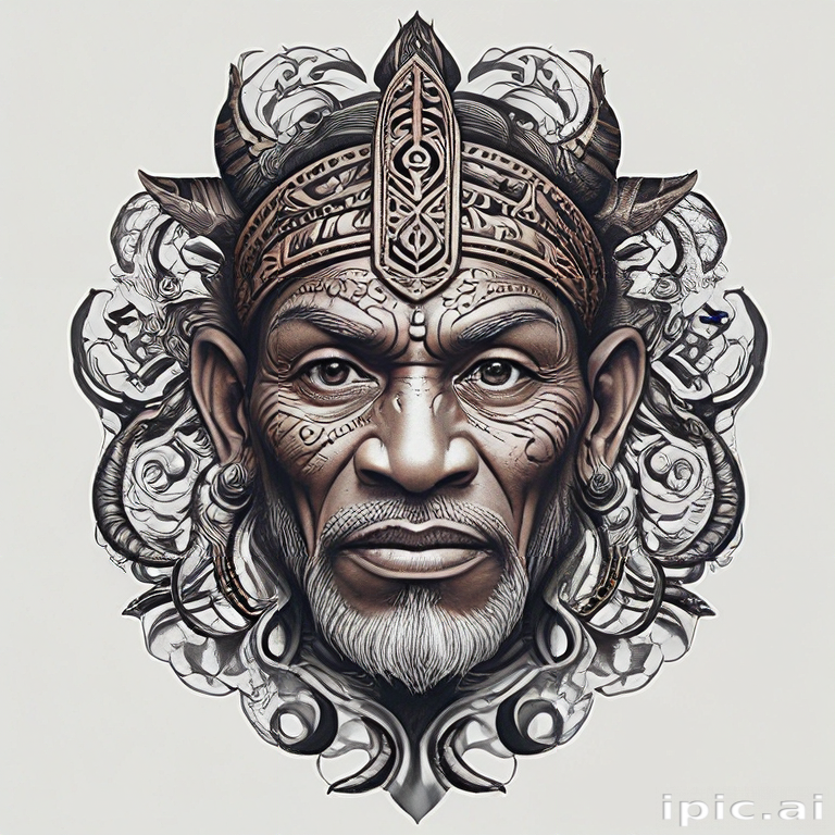 Intricate Portrait of a Regal Figure with Cultural Symbolism and Details