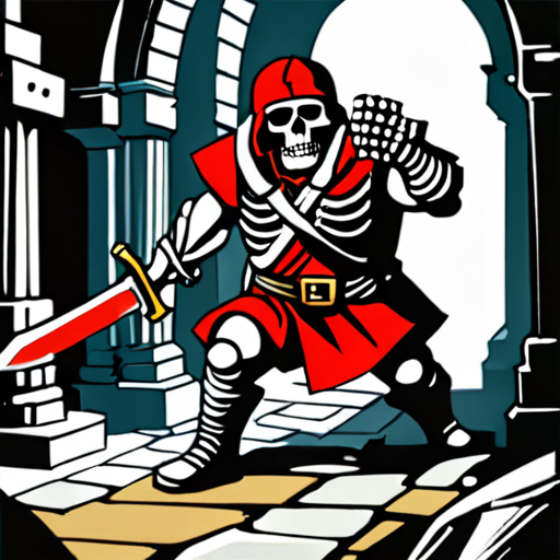 a dwarf fighting a skeleton in a dungeon ink illustration