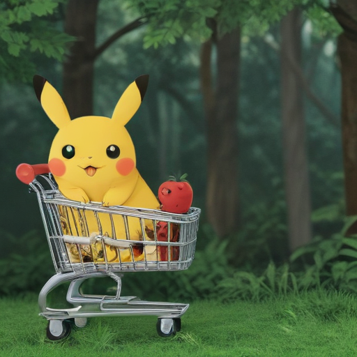 anime pikachu with a shopping cart green forest background with fruit