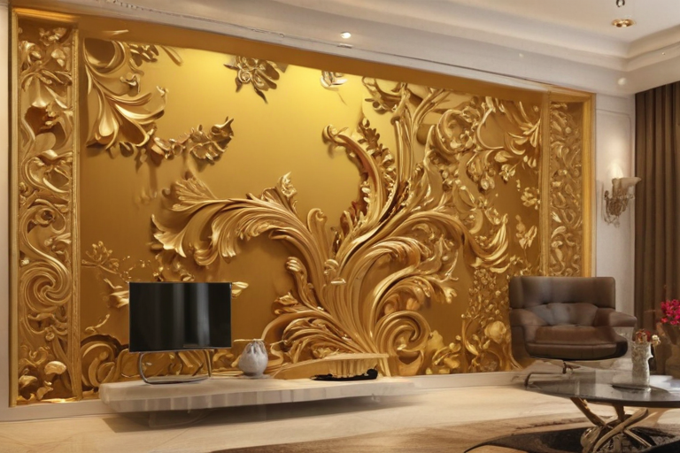 Elegant Golden Wall Design Featuring Intricate Floral and Leaf Patterns