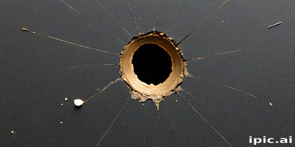 Close-Up View of a Large Hole with Fractured Edges in Dark Surface