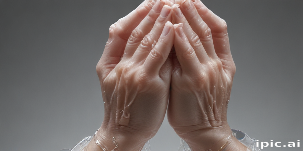 Delicate Hands Forming a Prayer Gesture with Water Glistening on Skin