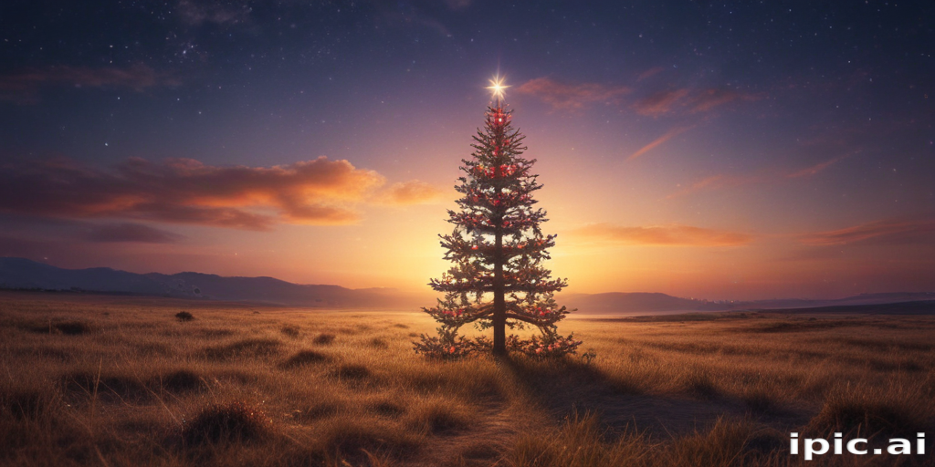 Majestic Christmas Tree Illuminated Against a Beautiful Sunset Landscape.