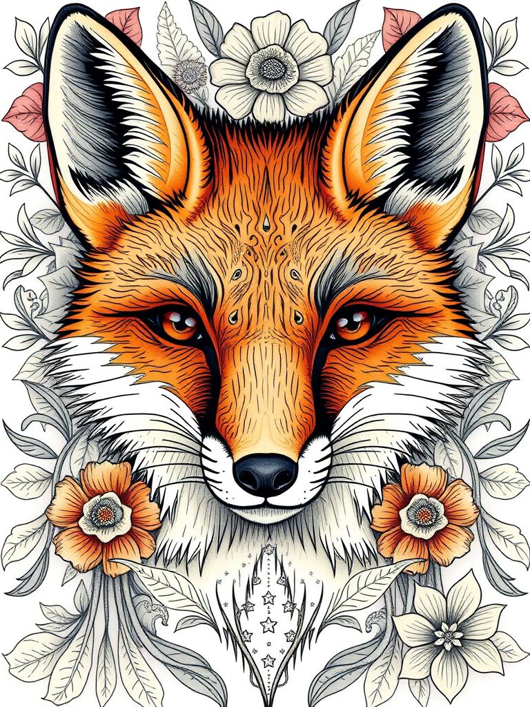 Create a detailed illustration of a fox's face with intricate floral ...