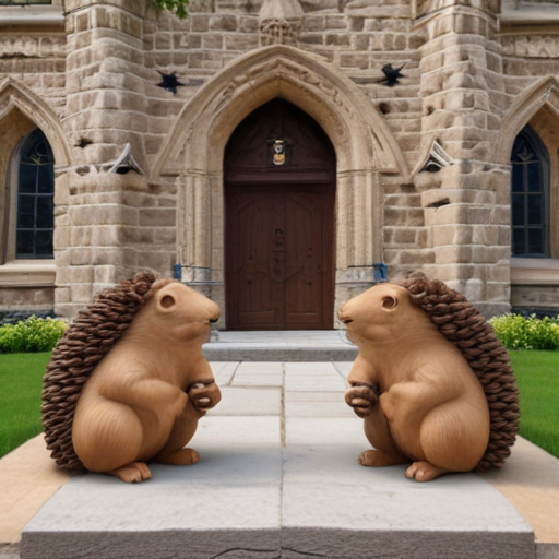 a big castle with 2 brown and tan hedgehog statues outside the entree way