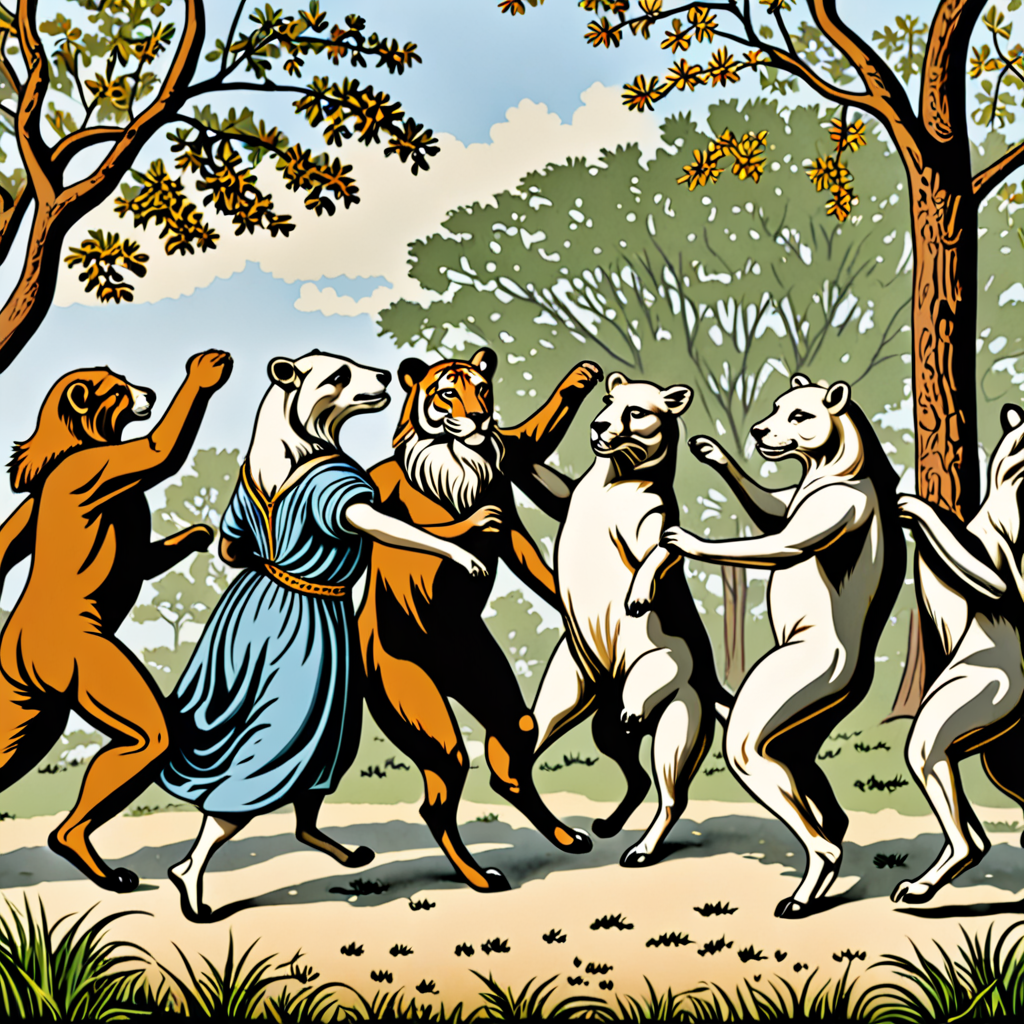 illustration of a dance with bipedal animals