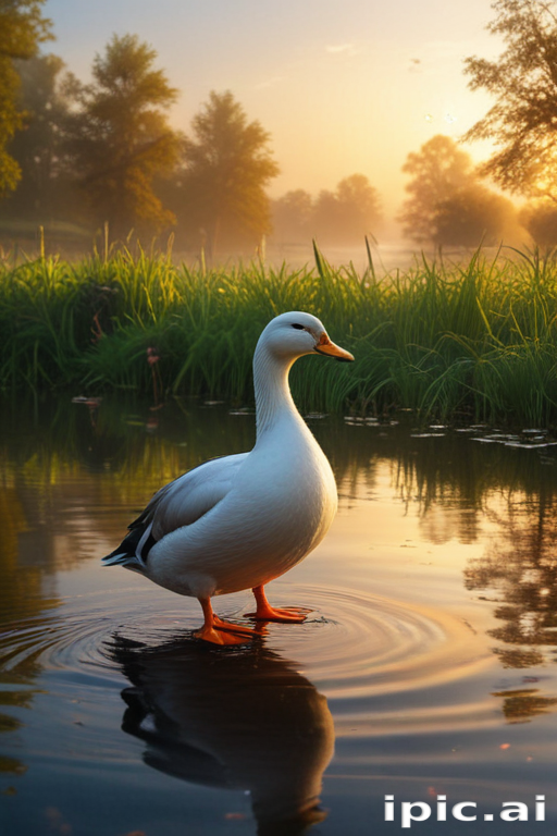 A Serene Morning Scene Featuring a Duck Standing in Calm Water.