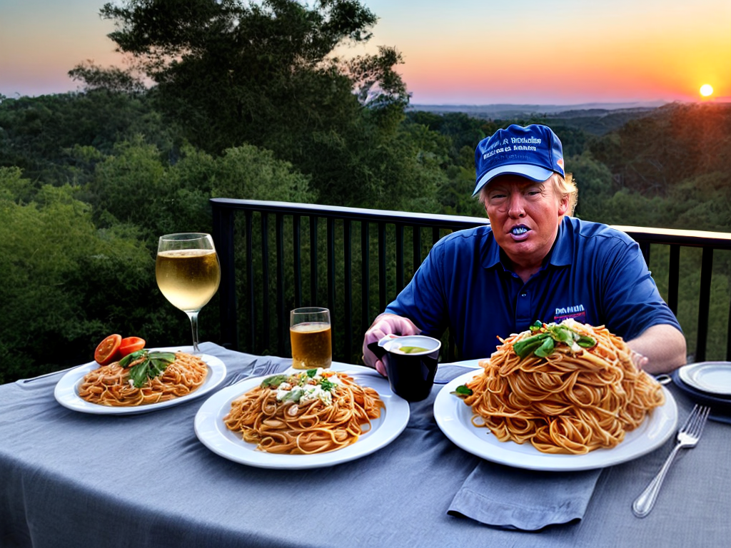 Donald Trump eating pasta at sunset
