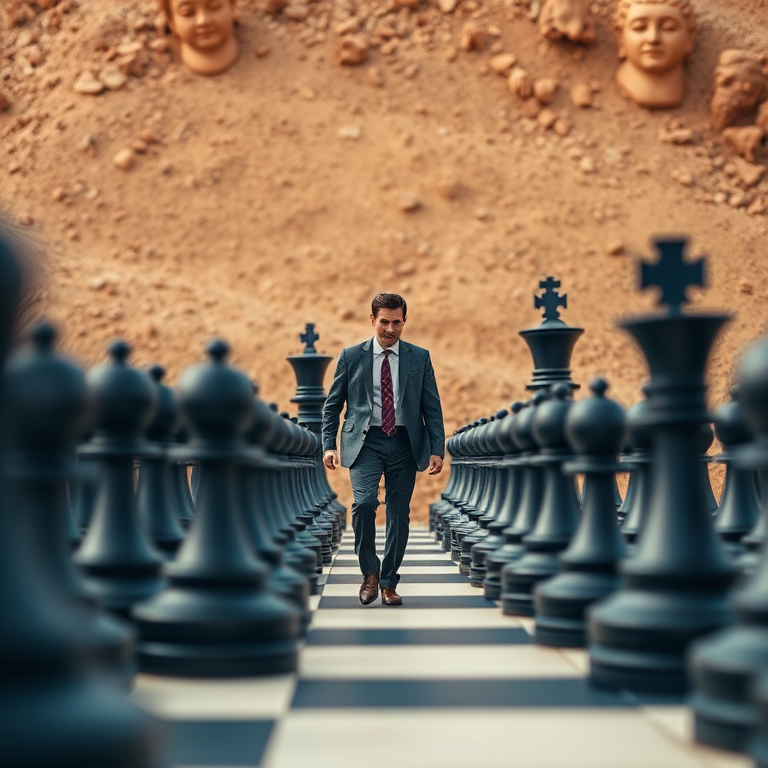 a businessman walking among large black chess pieces on an earthy ...