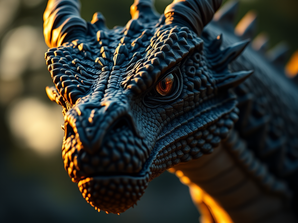 Majestic Dragon Sculpture Glowing in the Evening Sunlight Outdoors