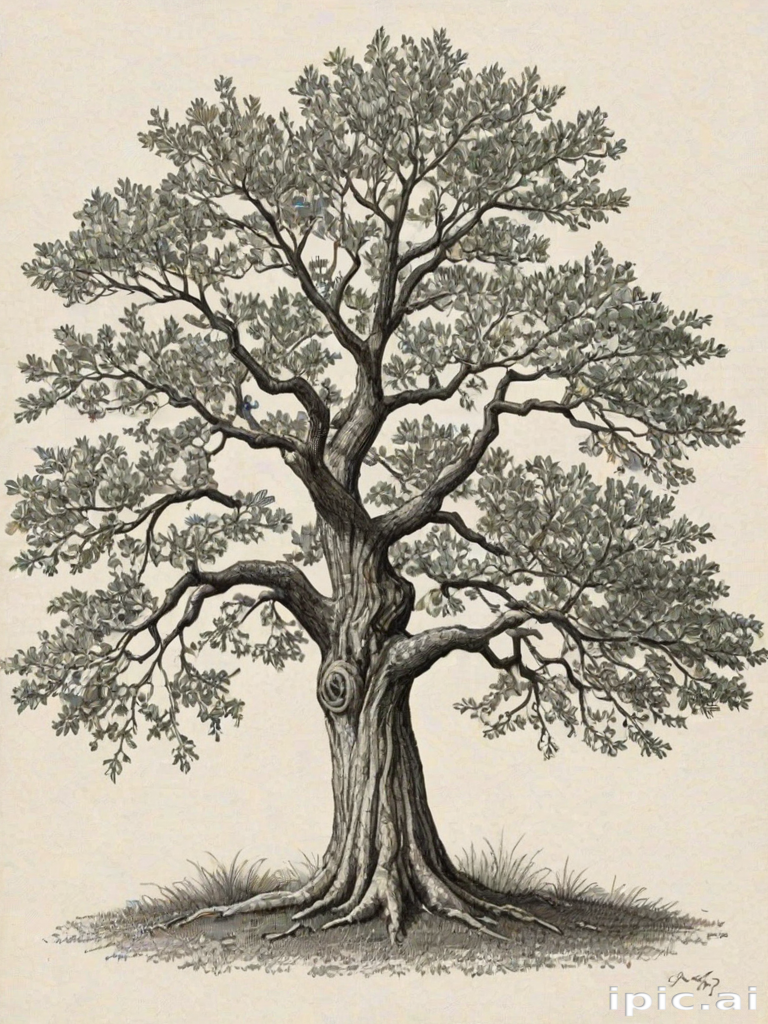 Intricate Illustration of a Majestic Tree with Detailed Branches and Leaves