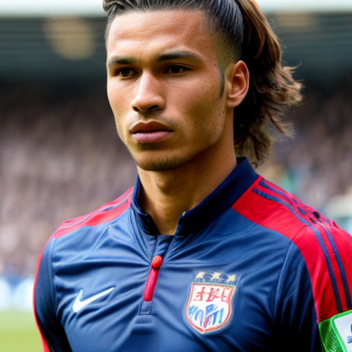 a close up on a soccer player in red and blue