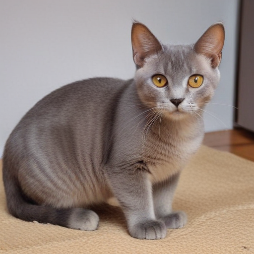 A Playful Gray Cat with Striking Golden Eyes Sitting on a Mat