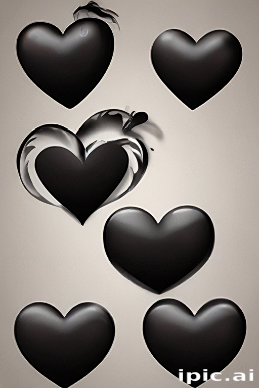 Six Elegant Black Hearts with a Glossy Finish on a Light Background