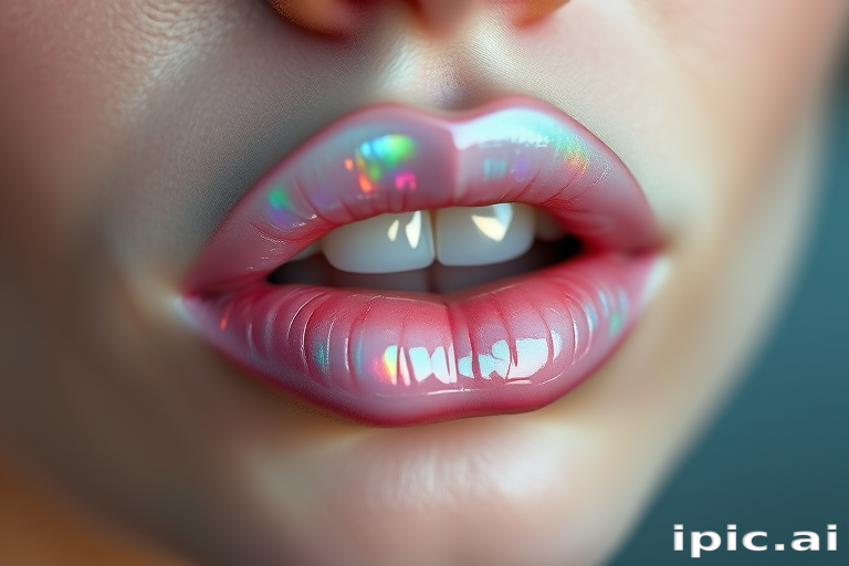 A Close-Up View of Glossy Lips with Iridescent Shine and Texture.