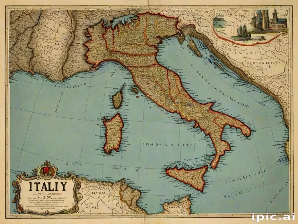 Historical Map of Italy Featuring Regions, Cities, and Geographic ...