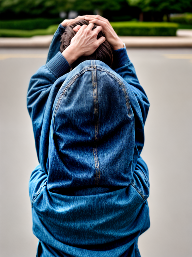person in Louis Vuitton jacket with hands on head, back