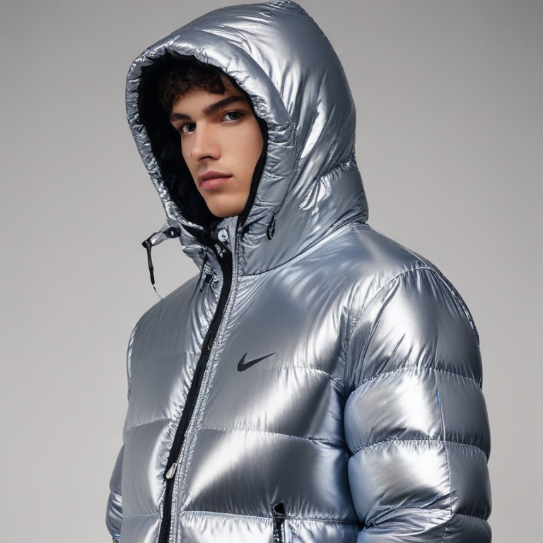 male supermodel nike shiny puffer down jacket bling jewellery hood