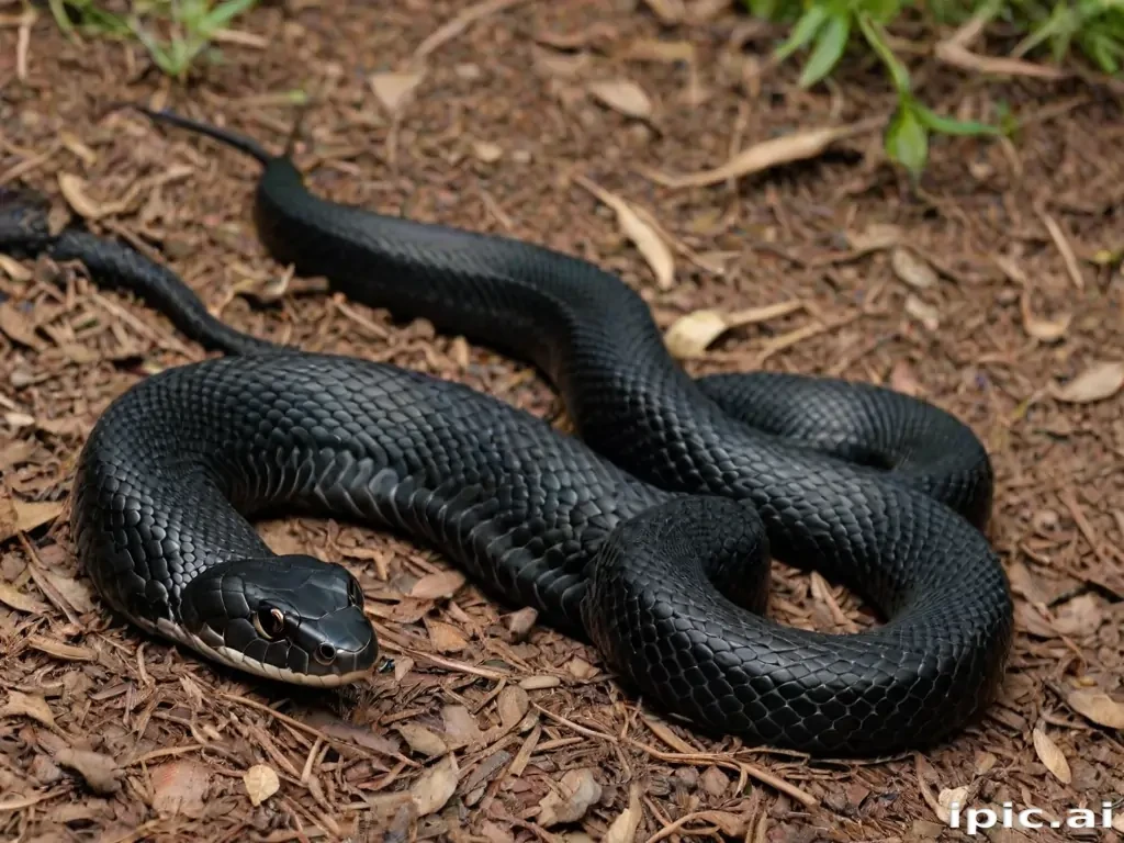 A Black Snake Slithering Through a Forested Ground Covered in Leaves.