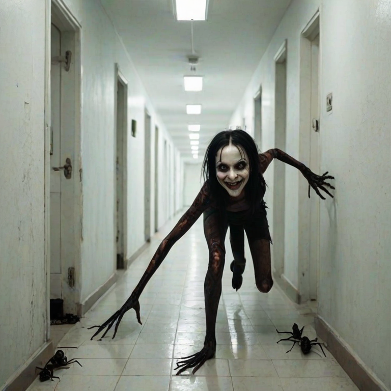 A Haunting Figure Crawls Menacingly Through an Abandoned Hallway Filled ...