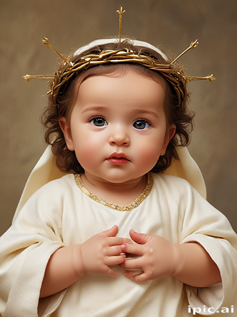 Adorable Baby Dressed in Religious Garb with a Crown of Gold
