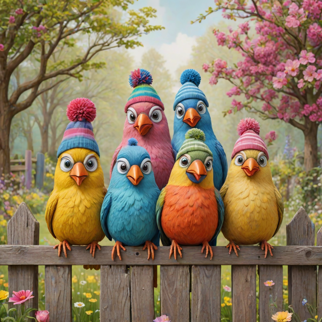 A Colorful Group of Playful Birds Wearing Knitted Hats in Springtime.