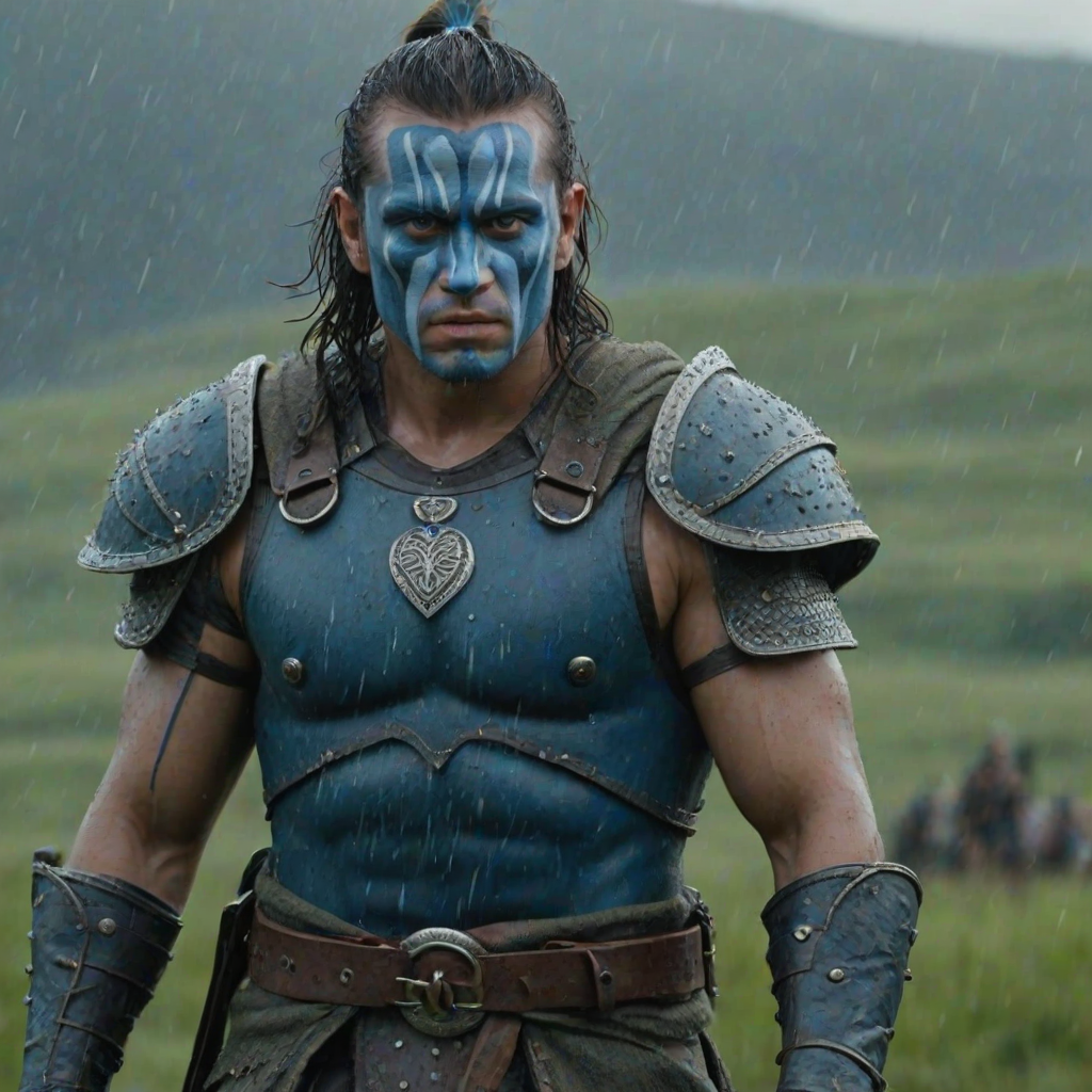 Fierce Warrior with Blue Face Paint Stands Strong in the Rain