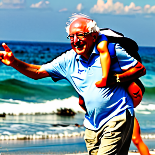 Bernie Sanders carrying a person on the beach