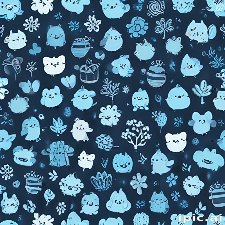 Whimsical Blue Characters and Cute Nature Elements on a Dark Background