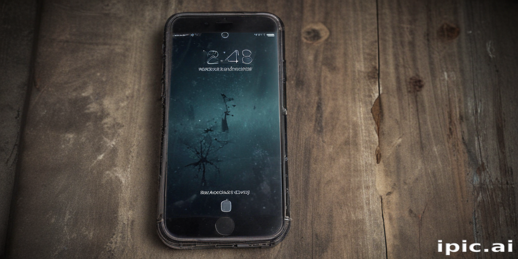 Close-Up of a Cracked Smartphone Screen on a Wooden Surface