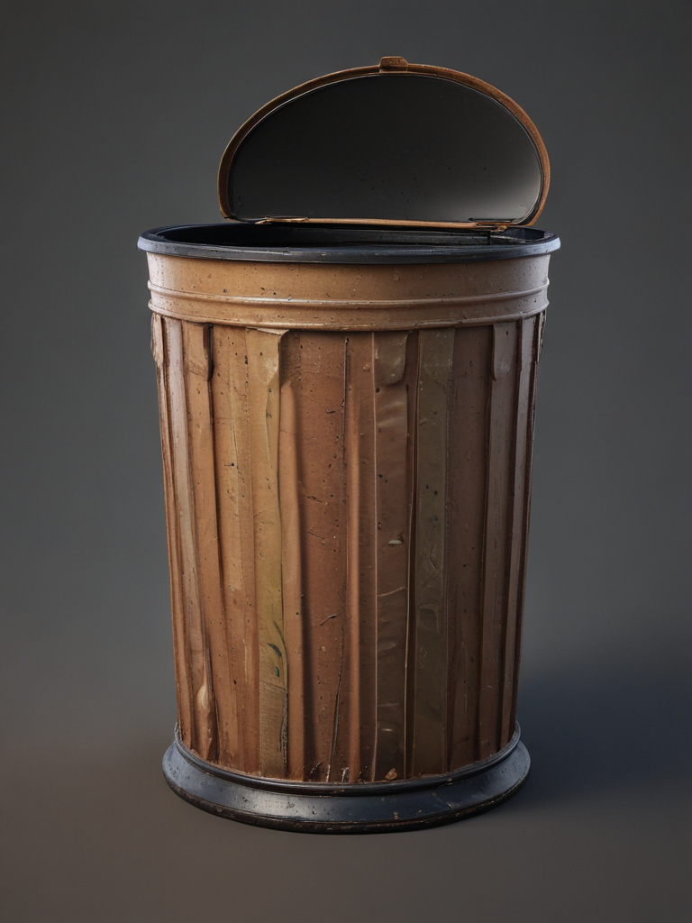 A Classic Brown Trash Can with a Lid on a Dark Background