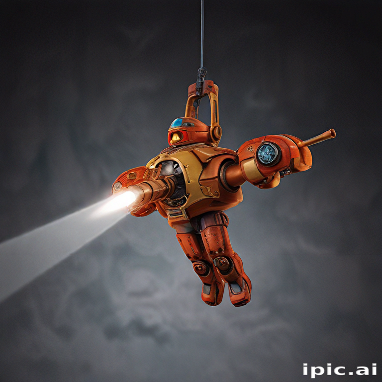 Futuristic Orange Robot Hero Flying with Rocket Propulsion in Action