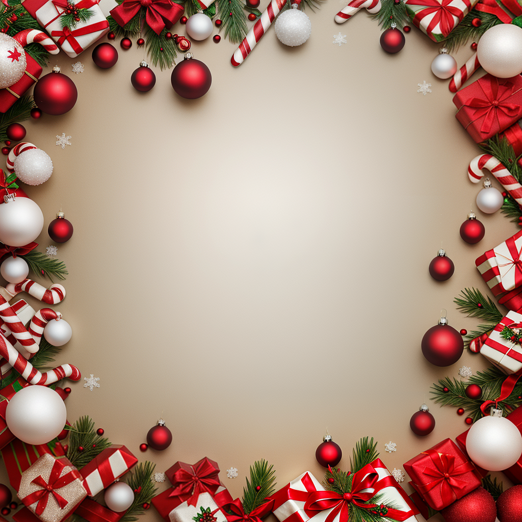 Festive Holiday Frame Featuring Colorful Gifts, Ornaments, and Candy Canes