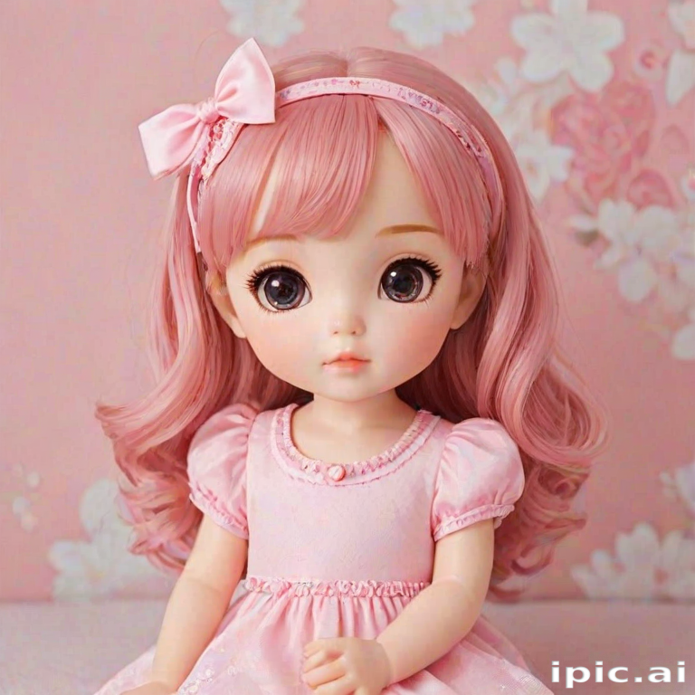 Adorable Doll with Pink Hair and Cute Bow in Soft Pastel Setting