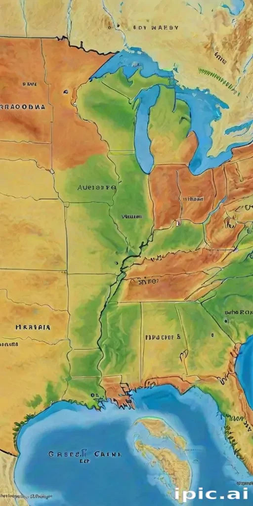 Detailed Geographic Map of the Midwest and Southern United States Regions