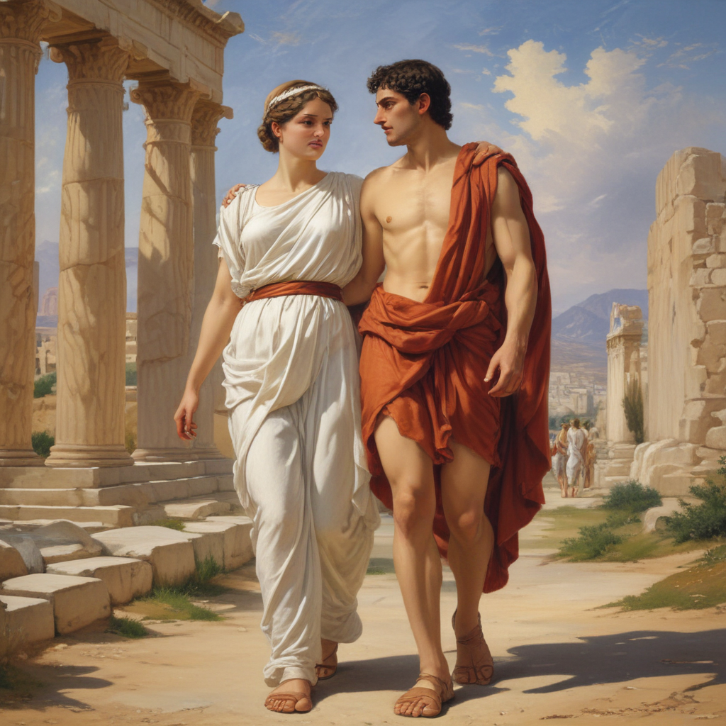 ancient greek woman with a man strolling