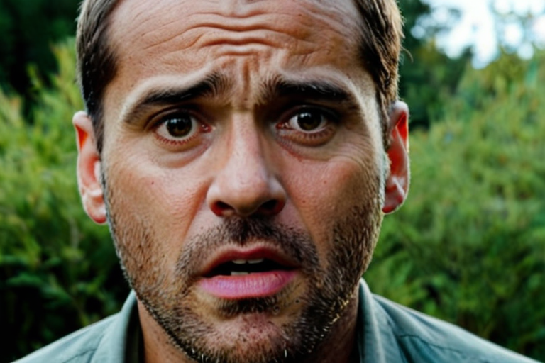 i man that is very scared close up to the screen nature behind him